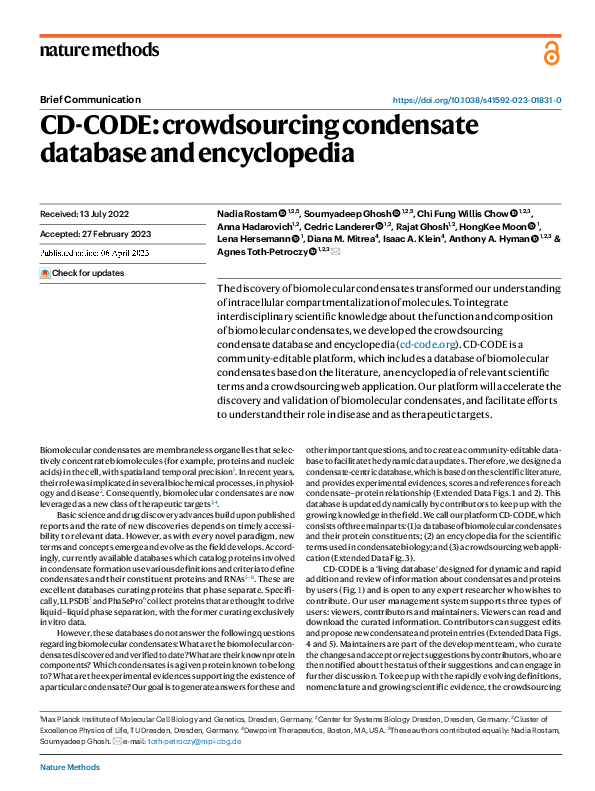 (PDF) CD-CODE: crowdsourcing condensate database and encyclopedia | Soumyadeep Ghosh - Academia.edu