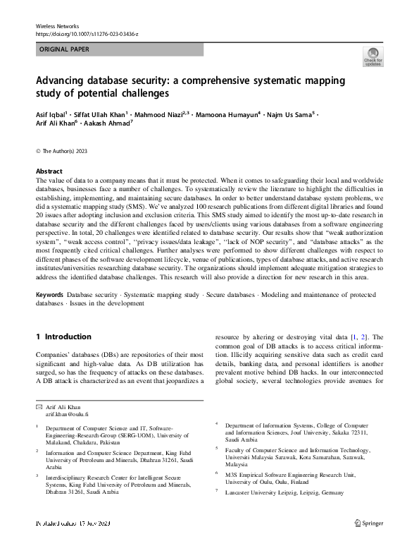 (PDF) Advancing database security: a comprehensive systematic mapping study of potential challenges