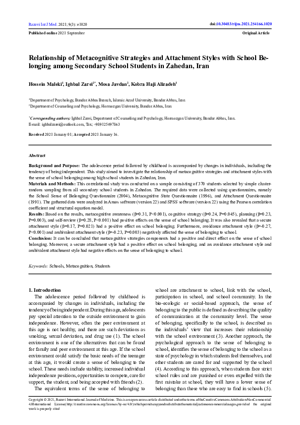 Pdf Relationship Of Metacognitive Strategies And Attachment Styles With School Belonging Among
