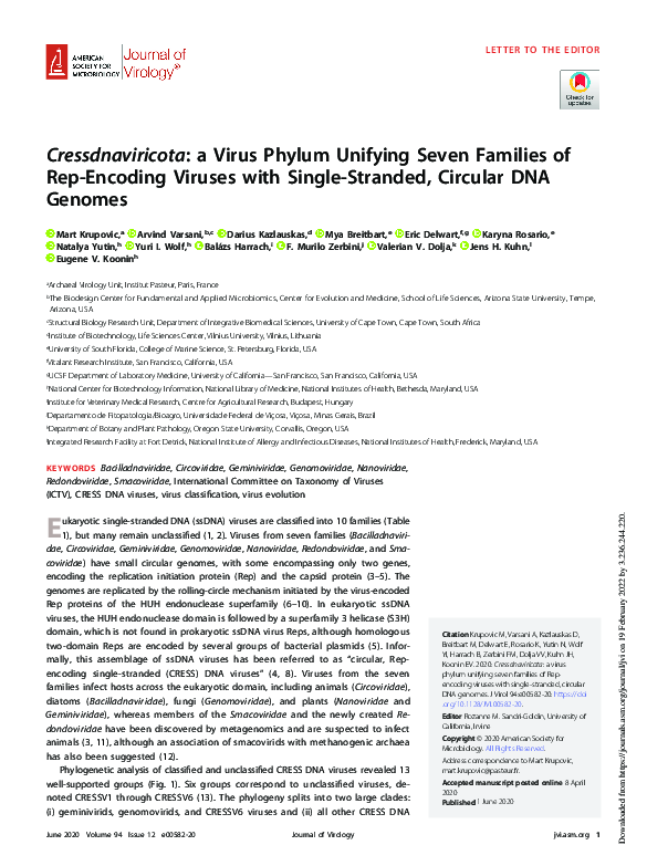 (PDF) Cressdnaviricota : a Virus Phylum Unifying Seven Families of Rep ...