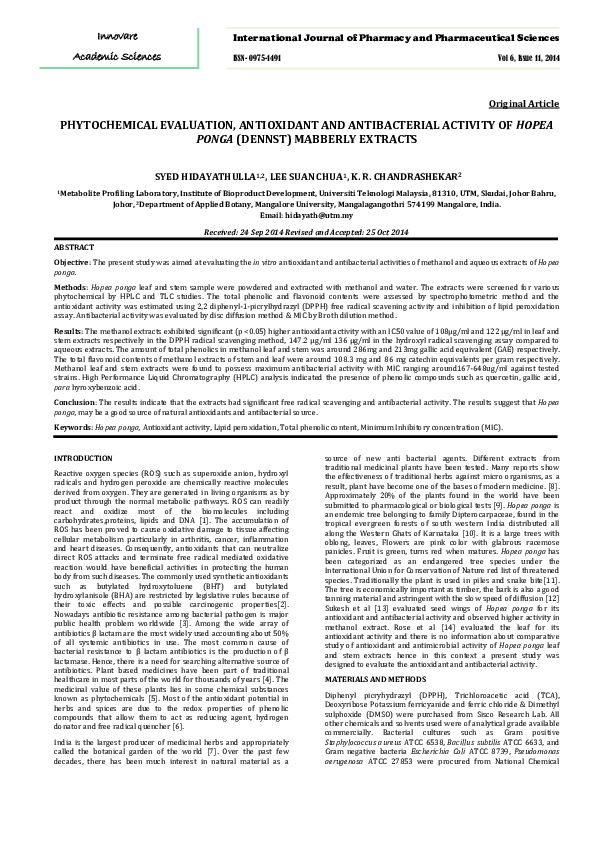 (PDF) PHYTOCHEMICAL EVALUATION, ANTIOXIDANT AND ANTIBACTERIAL ACTIVITY ...