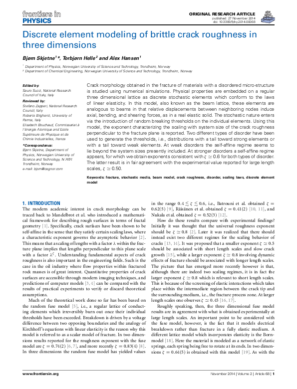 (PDF) Discrete element modeling of brittle crack roughness in three ...