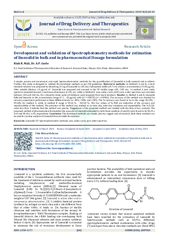 Pdf Development And Validation Of Spectrophotometry Methods For Estimation Of Linezolid In