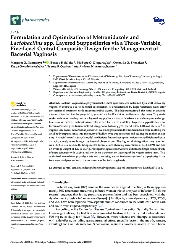 (PDF) Formulation and Optimization of Metronidazole and Lactobacillus spp. Layered Suppositories ...