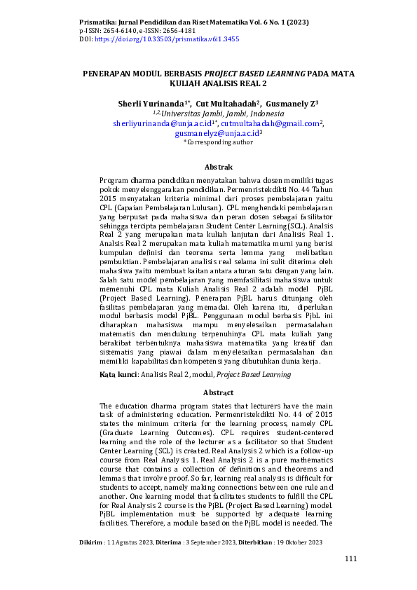 (PDF) Penerapan Modul Berbasis Project Based Learning Pada Mata Kuliah Analisis Real 2