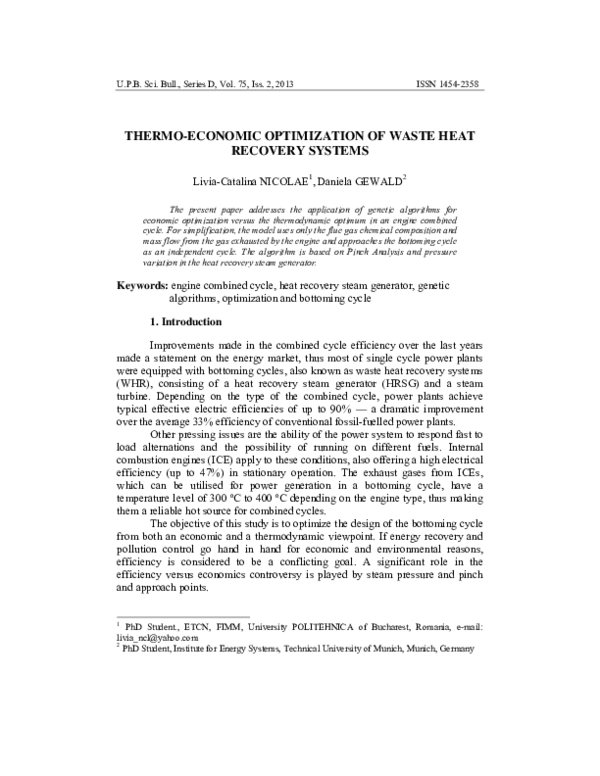 (PDF) Thermo-Economic Optimization of Waste Heat Recovery Systems