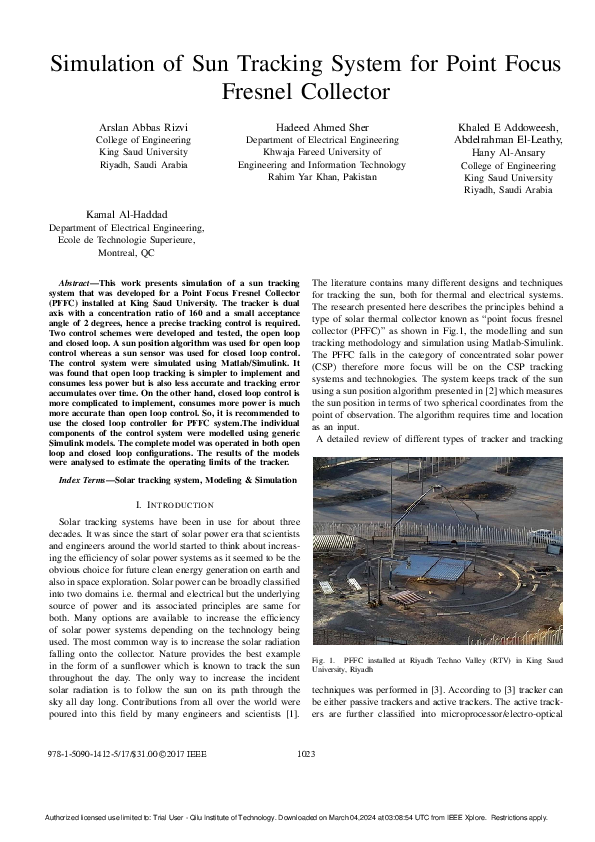 (PDF) Simulation of Sun Tracking System for Point Focus Fresnel Collector