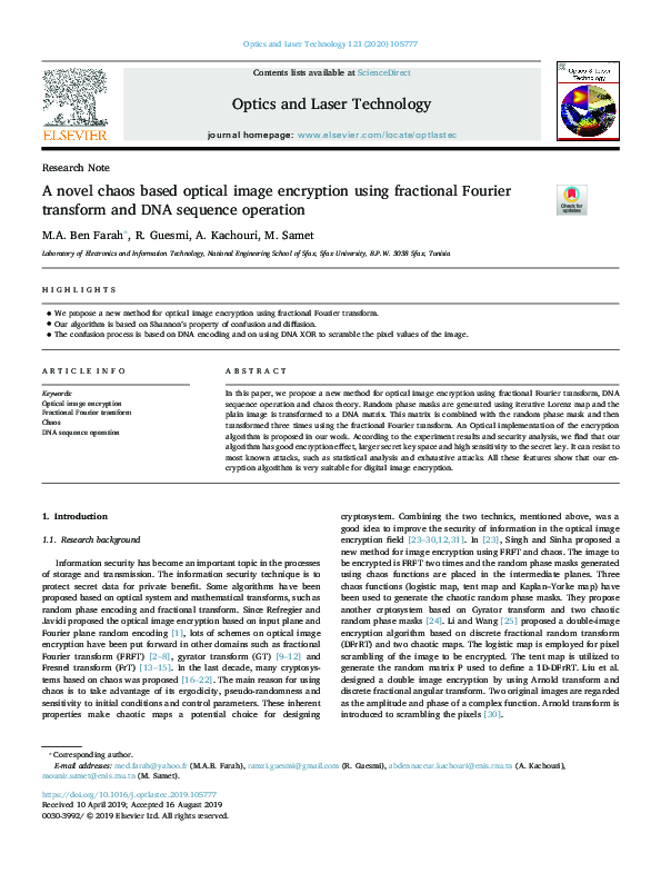 (PDF) A novel chaos based optical image encryption using fractional Fourier transform and DNA ...