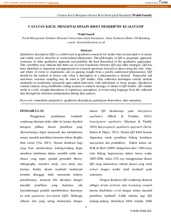 (PDF) Catatan Kecil Mengenai Desain Riset Deskriptif Kualitatif