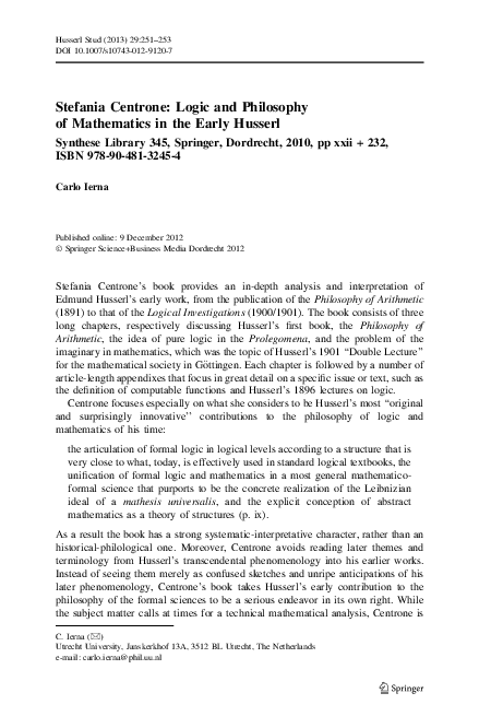 (PDF) Stefania Centrone: Logic and Philosophy of Mathematics in the ...