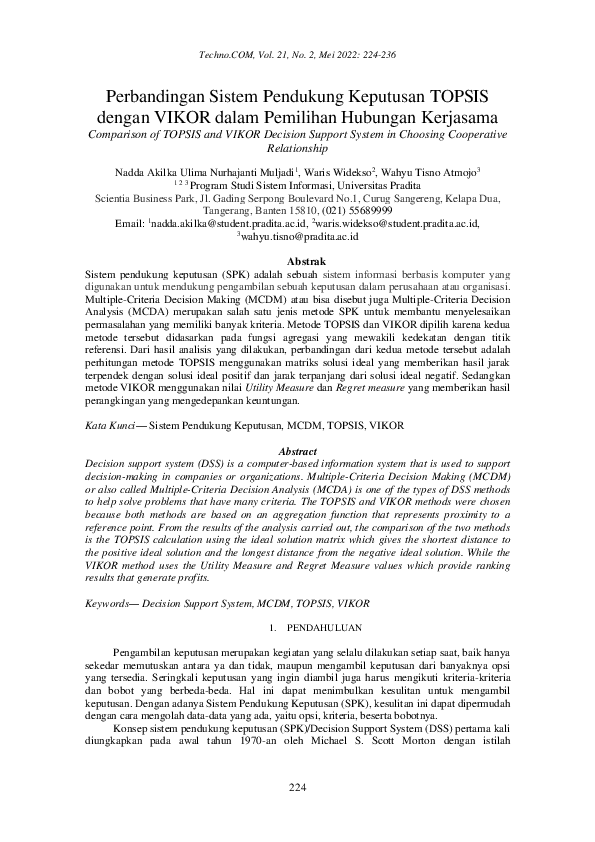 (PDF) Perbandingan Sistem Pendukung Keputusan TOPSIS dengan VIKOR dalam Pemilihan Hubungan Kerjasama