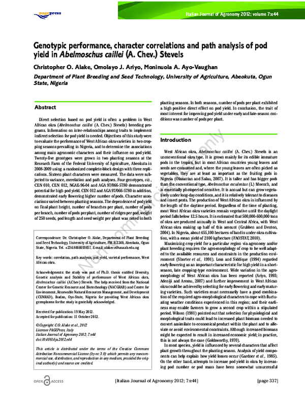 (PDF) Genotypic performance, character correlations and path analysis of pod yield in ...