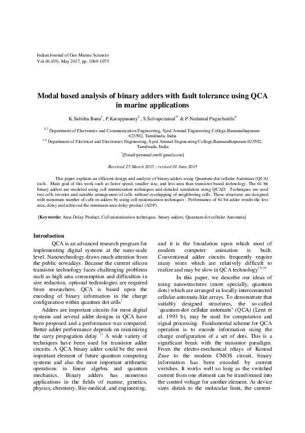 (PDF) Modal based analysis of binary adders with fault tolerance using QCA in marine applications