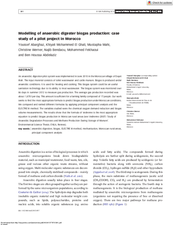 (PDF) Modelling of anaerobic digester biogas production: case study of a pilot project in Morocco