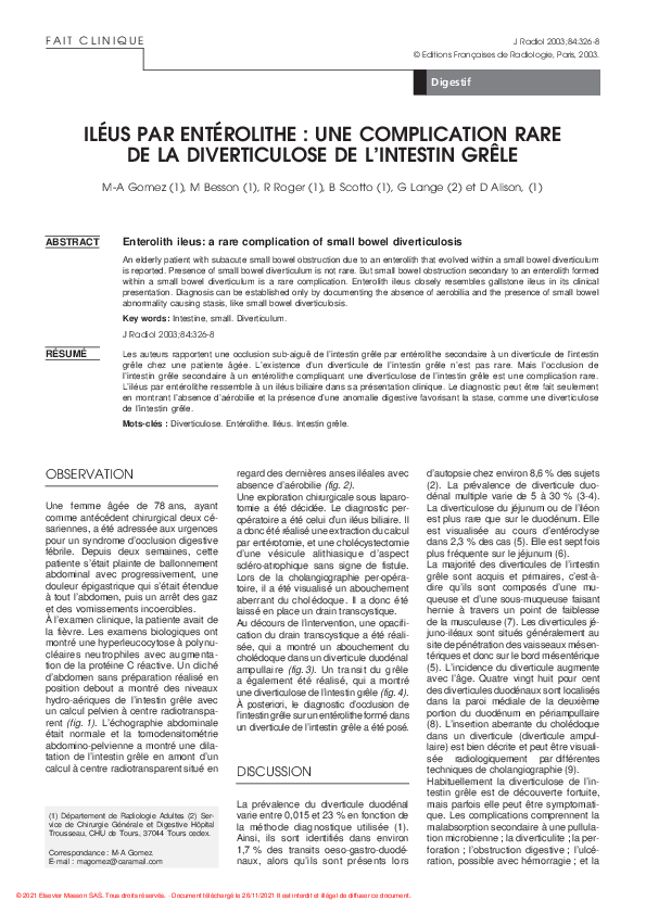 (PDF) [Enterolith ileus: a rare complication of small bowel diverticulosis]