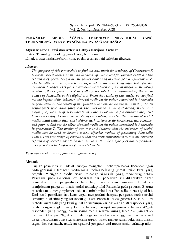 (PDF) Pengaruh Media Sosial terhadap Nilai-Nilai yang Terkandung dalam Pancasila pada Generasi Z