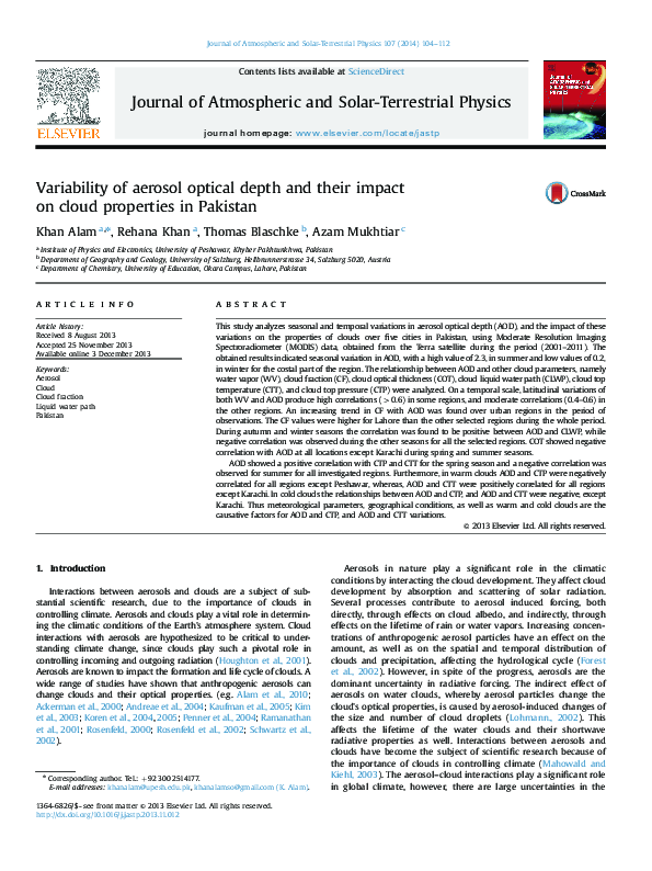 (PDF) Variability of aerosol optical depth and their impact on cloud properties in Pakistan ...