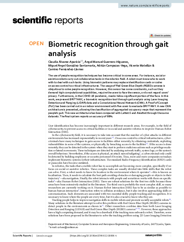 (PDF) Biometric recognition through gait analysis | Vicente Matellán Olivera - Academia.edu