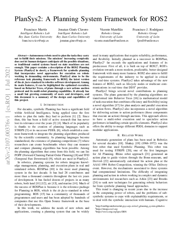(PDF) PlanSys2: A Planning System Framework for ROS2