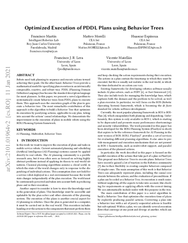 (PDF) Optimized Execution of PDDL Plans using Behavior Trees