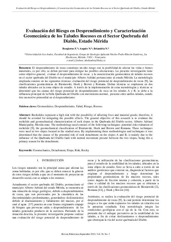 (PDF) Evaluación del Riesgo en Desprendimiento y Caracterización ...