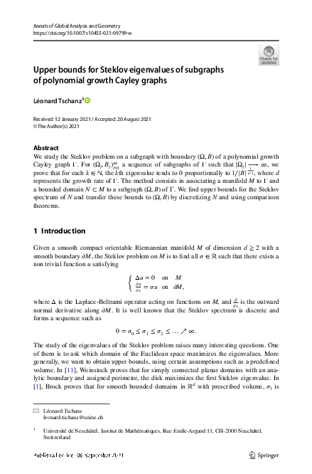 (PDF) Upper bounds for Steklov eigenvalues of subgraphs of polynomial growth Cayley graphs