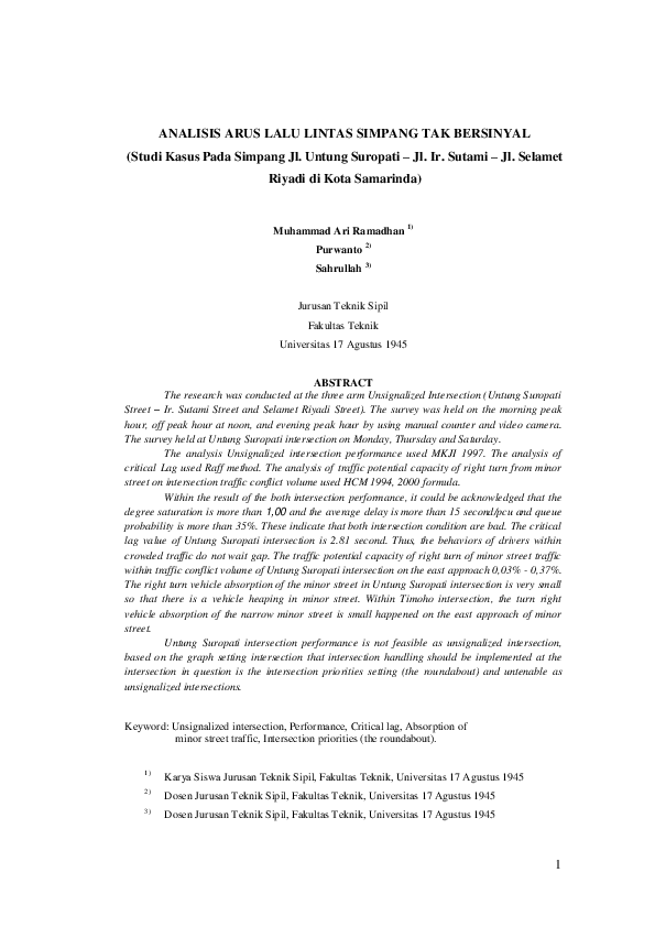 (PDF) ANALISIS ARUS LALU LINTAS SIMPANG TAK BERSINYAL (Studi Kasus Pada ...