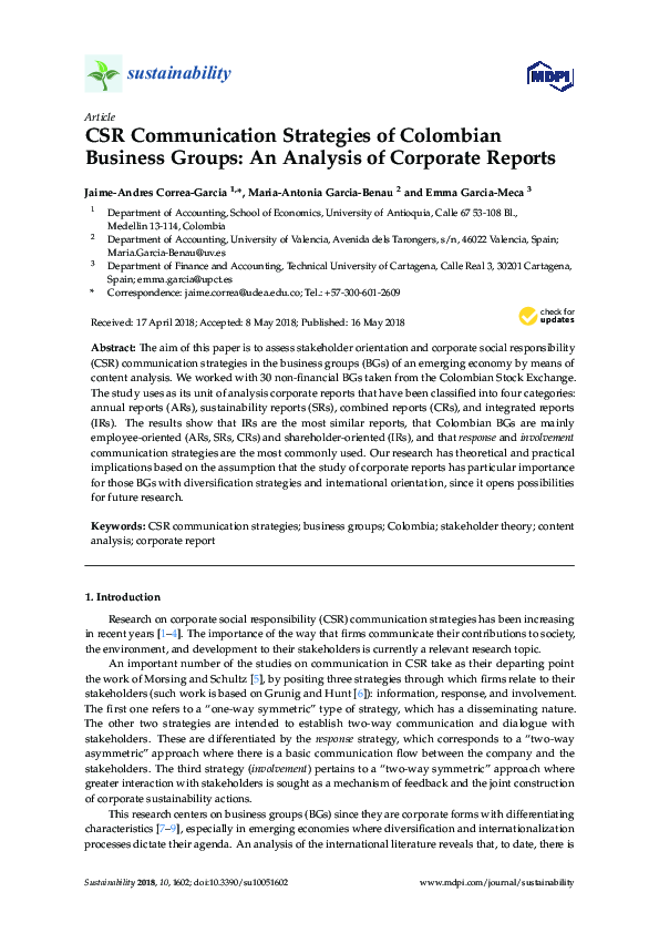 (PDF) CSR Communication Strategies of Colombian Business Groups: An Analysis of Corporate Reports