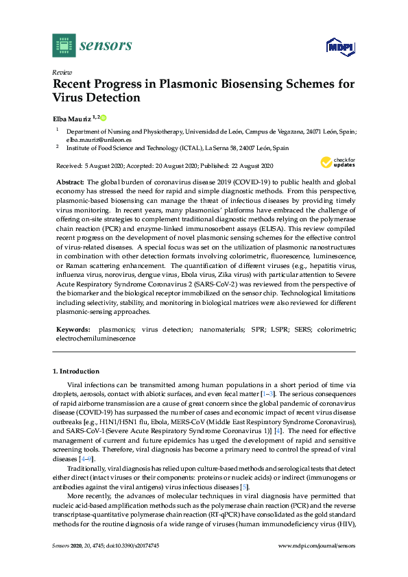 (PDF) Recent Progress in Plasmonic Biosensing Schemes for Virus Detection