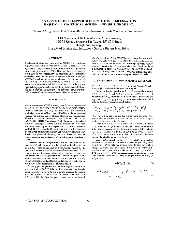 (PDF) Analysis of overlapped block motion compensation based on a statistical motion ...