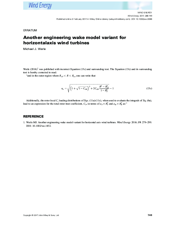 (PDF) Another engineering wake model variant for horizontal axis wind ...
