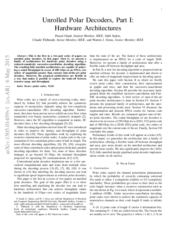 (PDF) Unrolled Polar Decoders, Part I: Hardware Architectures