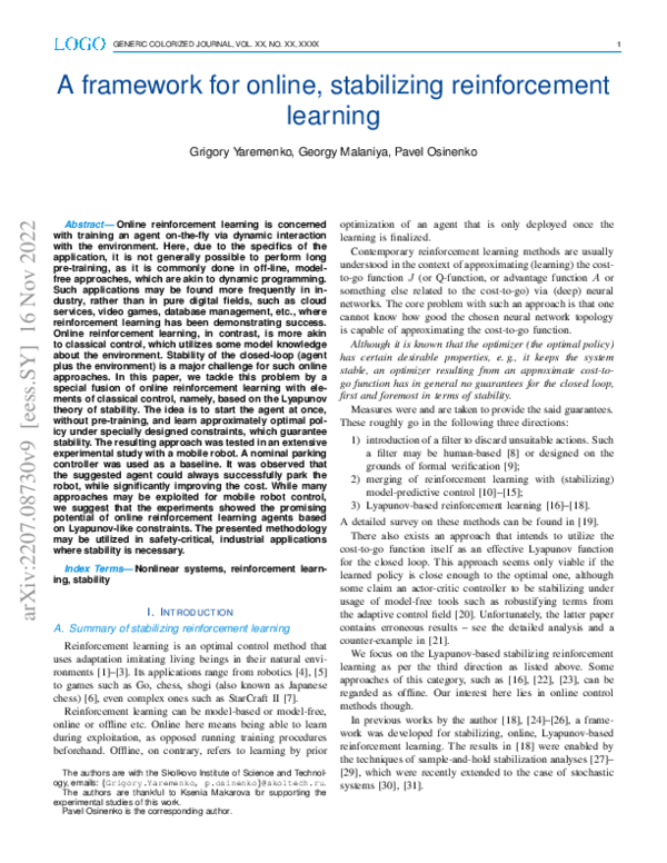 (PDF) A framework for online, stabilizing reinforcement learning | Pavel Osinenko - Academia.edu