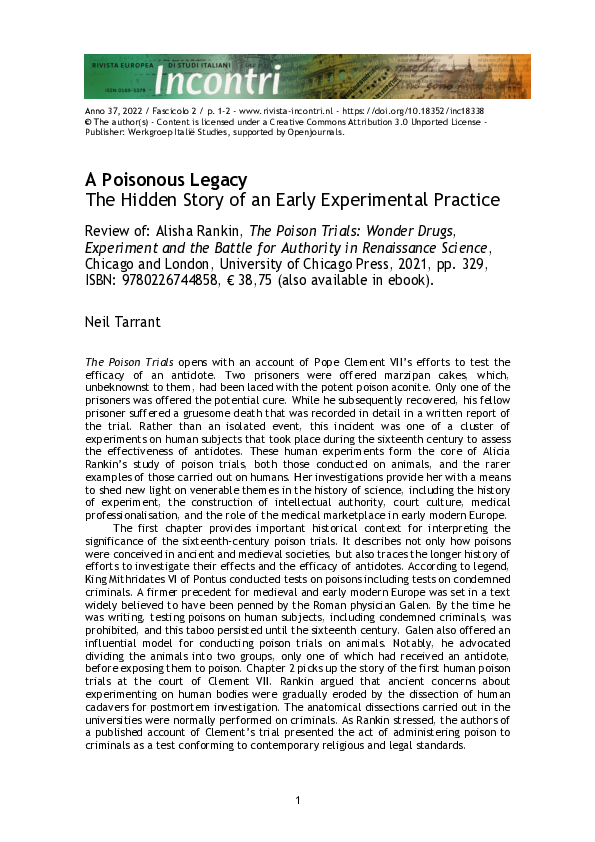 (PDF) Alisha Rankin, The Poison Trials: Wonder Drugs, Experiment and ...