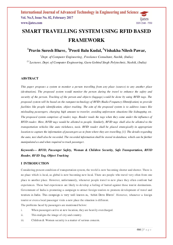 (PDF) Smart Travelling System Using Rfid Based Framework | preeti kudal - Academia.edu