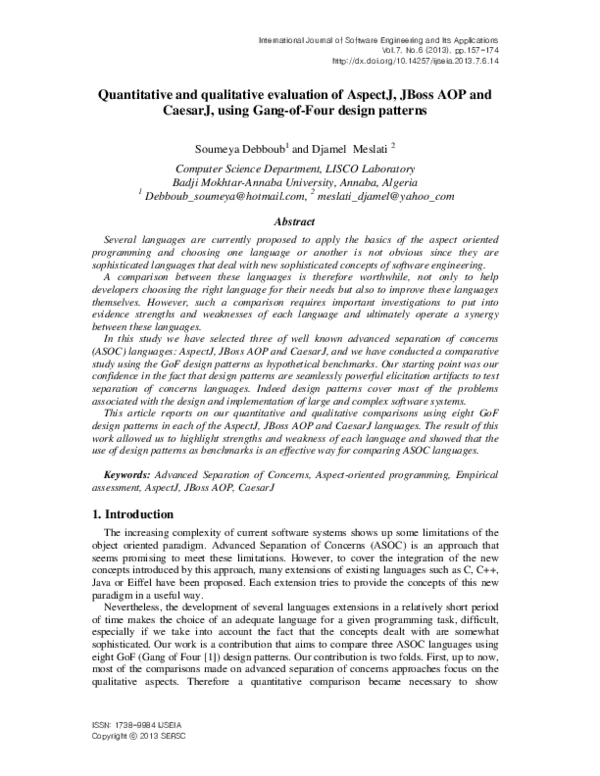 (PDF) Quantitative and qualitative evaluation of AspectJ, JBoss AOP and CaesarJ, using Gang-of ...