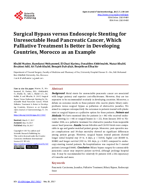 (PDF) Surgical Bypass versus Endoscopic Stenting for Unresectable Head ...