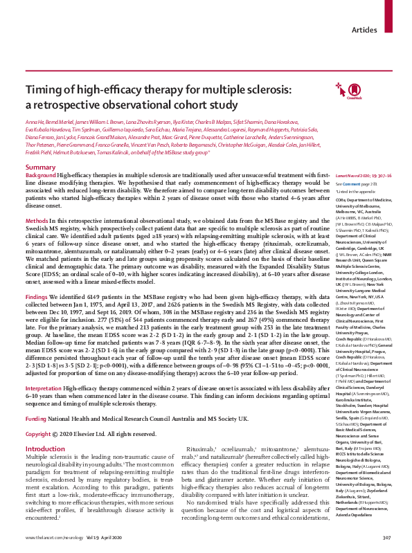 (PDF) Timing of high-efficacy therapy for multiple sclerosis: a retrospective observational ...