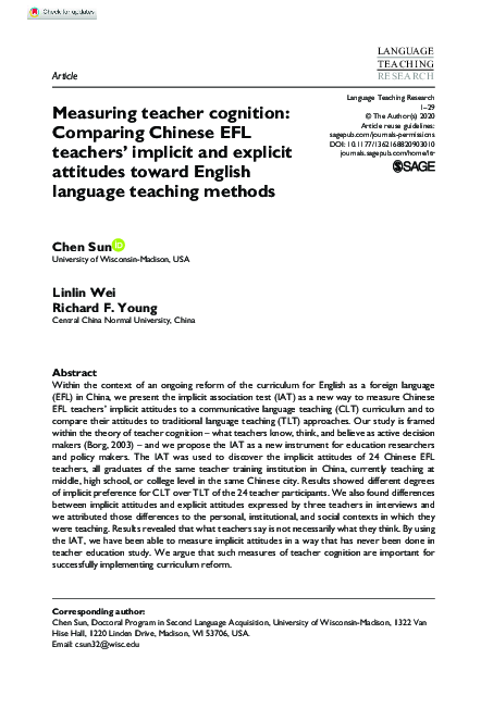 (PDF) Measuring teacher cognition: Comparing Chinese EFL teachers’ implicit and explicit ...