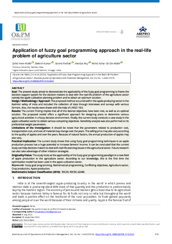 (PDF) Application of fuzzy goal programming approach in the real-life problem of agriculture sector