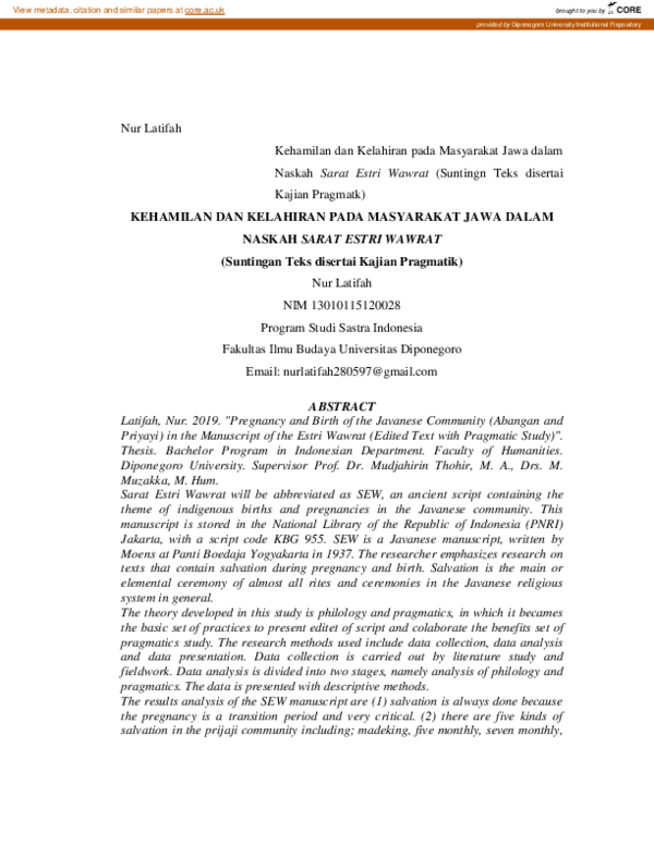 (PDF) KEHAMILAN DAN KELAHIRAN PADA MASYARAKAT JAWA DALAM NASKAH SARAT ESTRI WAWRAT (Suntingan ...
