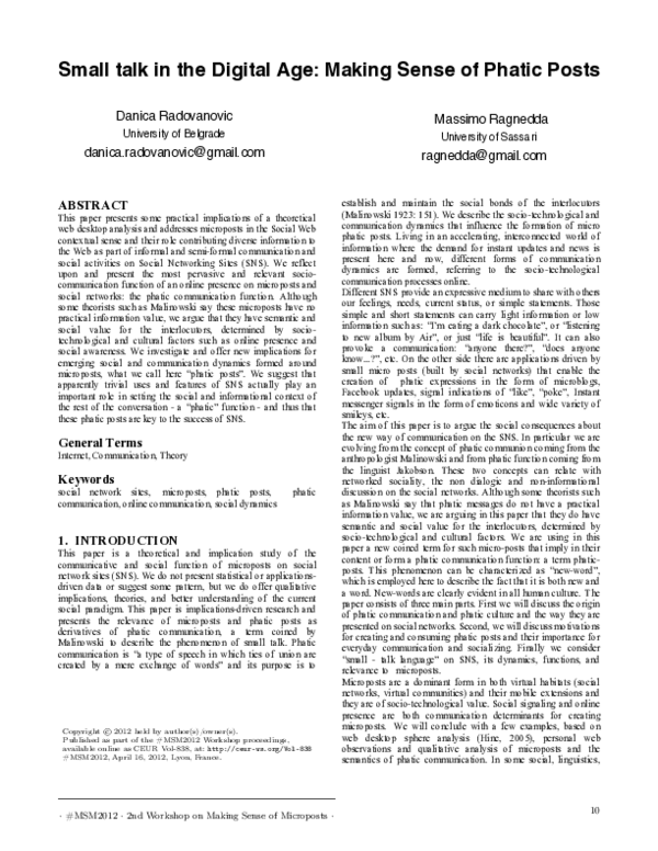 (PDF) Small talk in the Digital Age: Making Sense of Phatic Posts ...