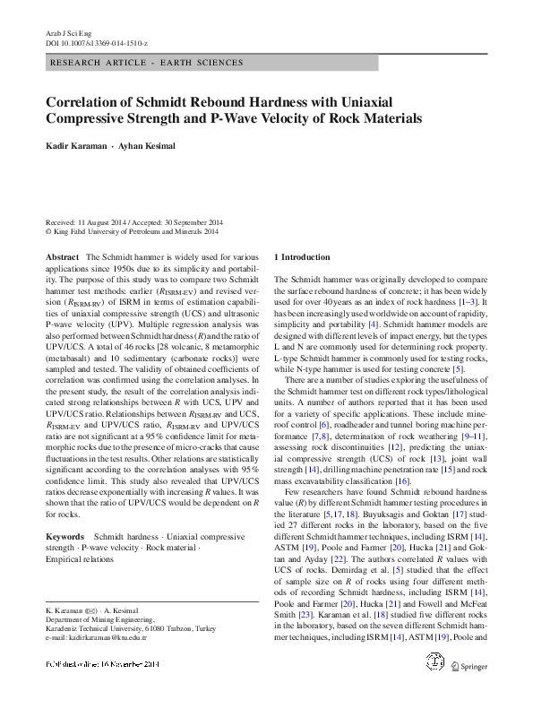 (PDF) Correlation of Schmidt Rebound Hardness with Uniaxial Compressive Strength and P-Wave ...