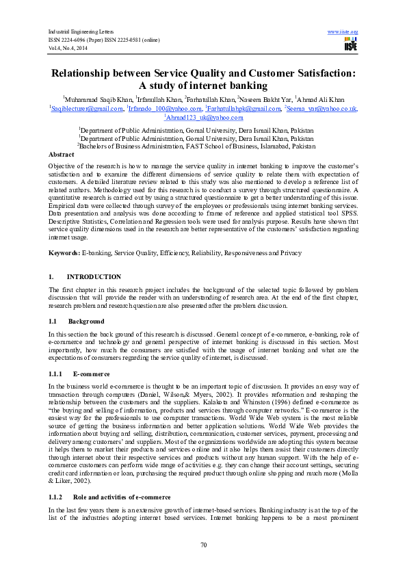 (PDF) Relationship between Service Quality and Customer Satisfaction: A study of internet banking