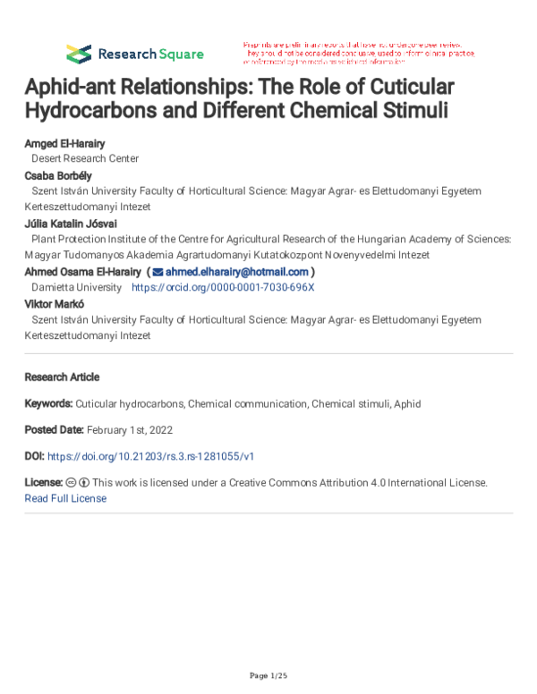 (PDF) Aphid-ant Relationships: The Role of Cuticular Hydrocarbons and Different Chemical Stimuli