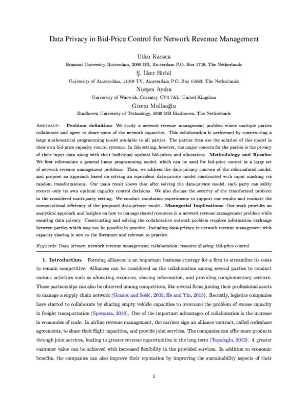 (PDF) Masking primal and dual models for data privacy in network revenue management