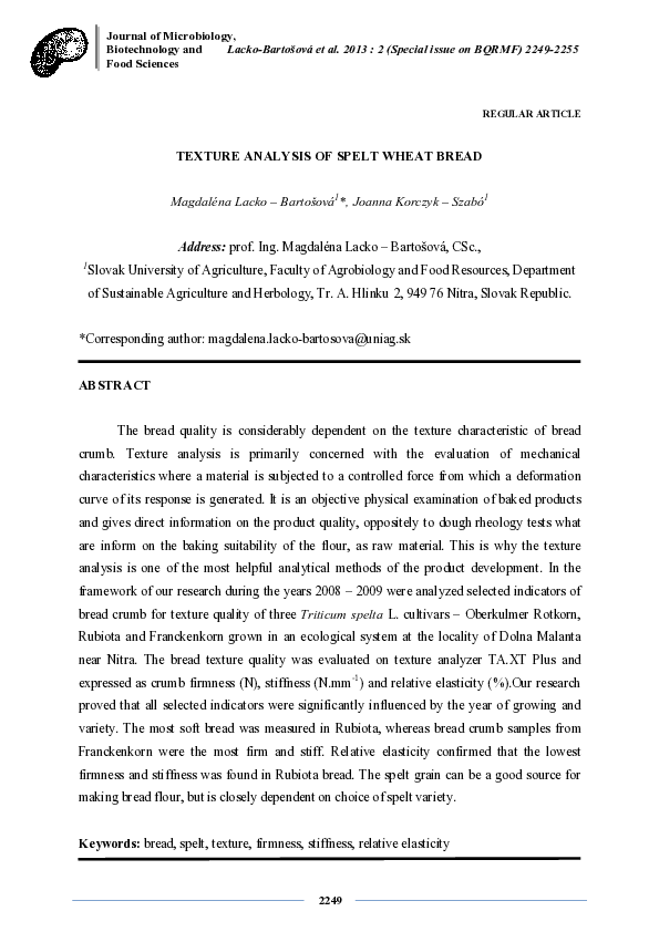 (PDF) Texture Analysis of Spelt Wheat Bread