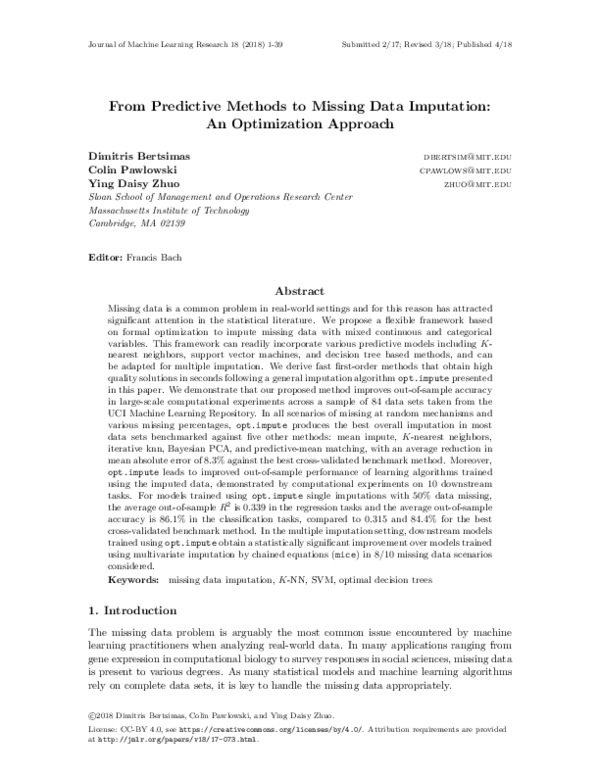 (PDF) From predictive methods to missing data imputation