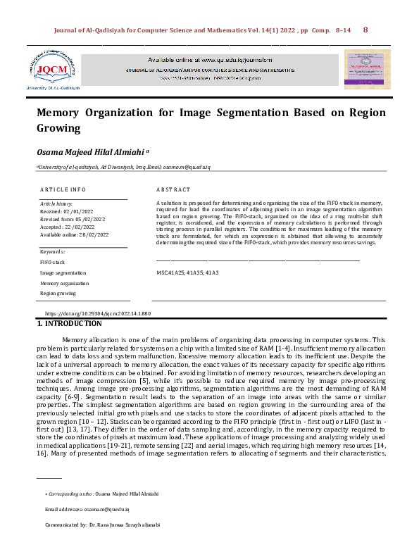 (PDF) Memory Organization for Image Segmentation Based on Region Growing