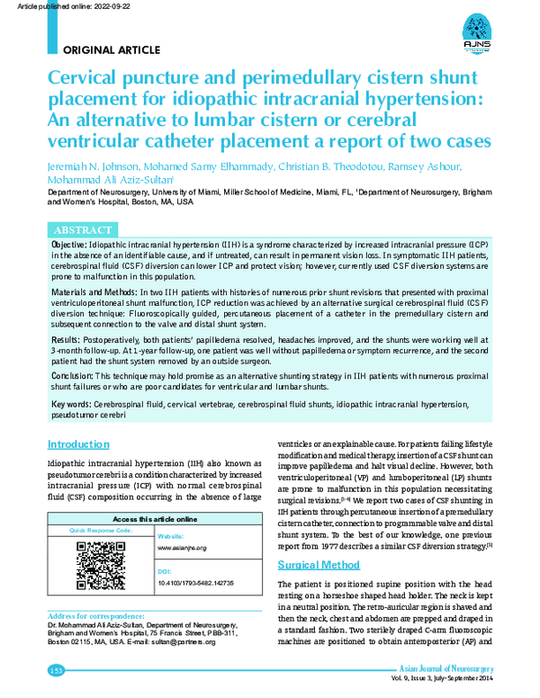 (PDF) Cervical puncture and perimedullary cistern shunt placement for ...